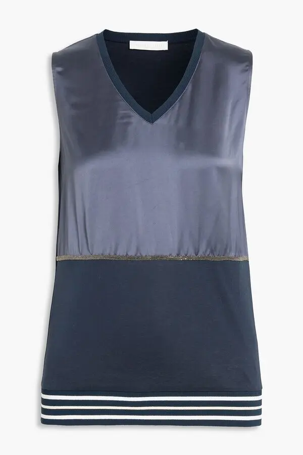 Fabiana Filippi Embellished Satin-paneled Cotton-jersey Top - Navy