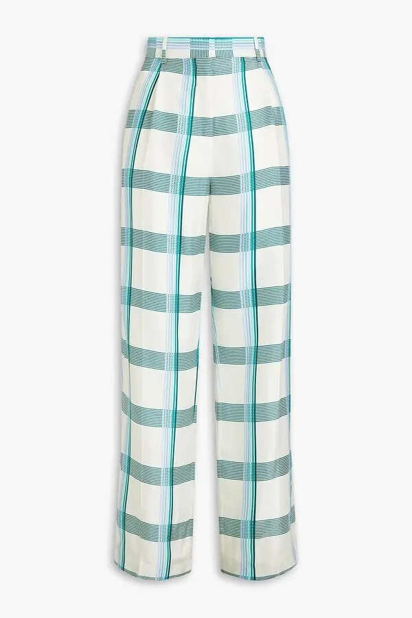 Victoria Beckham Pleated Checked Silk-twill Straight-leg Pants - Ecru