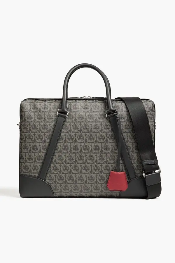 FERRAGAMO Leather-trimmed Logoprint Coated Canvas Briefcase - Charcoal