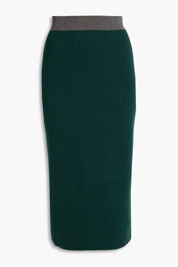 Fabiana Filippi Ribbed Wool, Silk, And Cashmere Blend Midi Skirt With Metallic Trim - Emerald