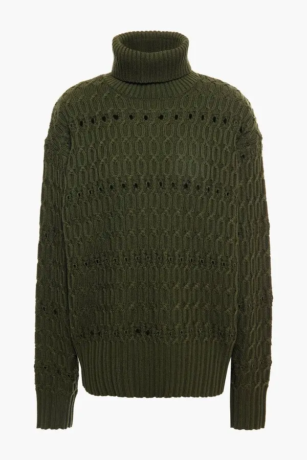 Victoria Beckham Cableknit Merino Wool Turtleneck Sweater - Army Green