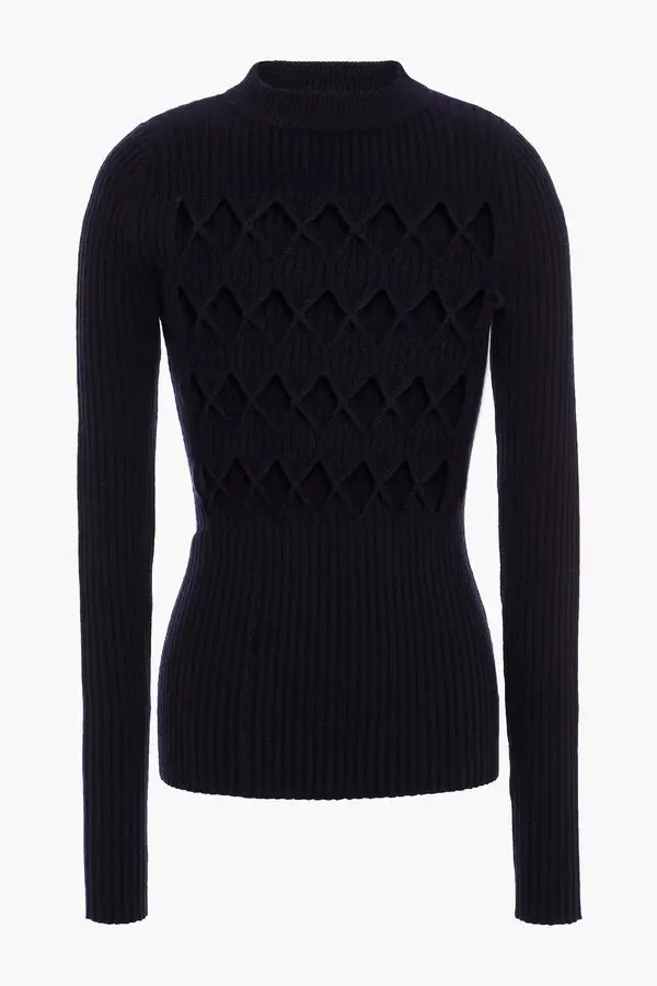 Victoria Beckham Cutout Ribbed Wool-blend Sweater - Navy