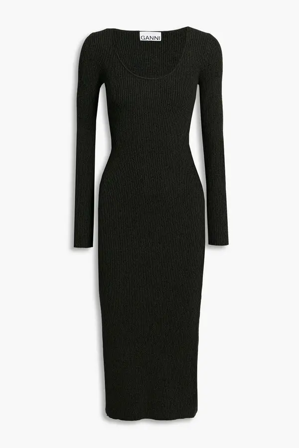 GANNI Mélange Ribbedjersey Midi Dress - Dark Green