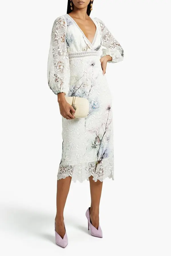 Monique Lhuillier Printed Guipure Lace Midi Dress In Ivory - 85% Off |  Editorialist