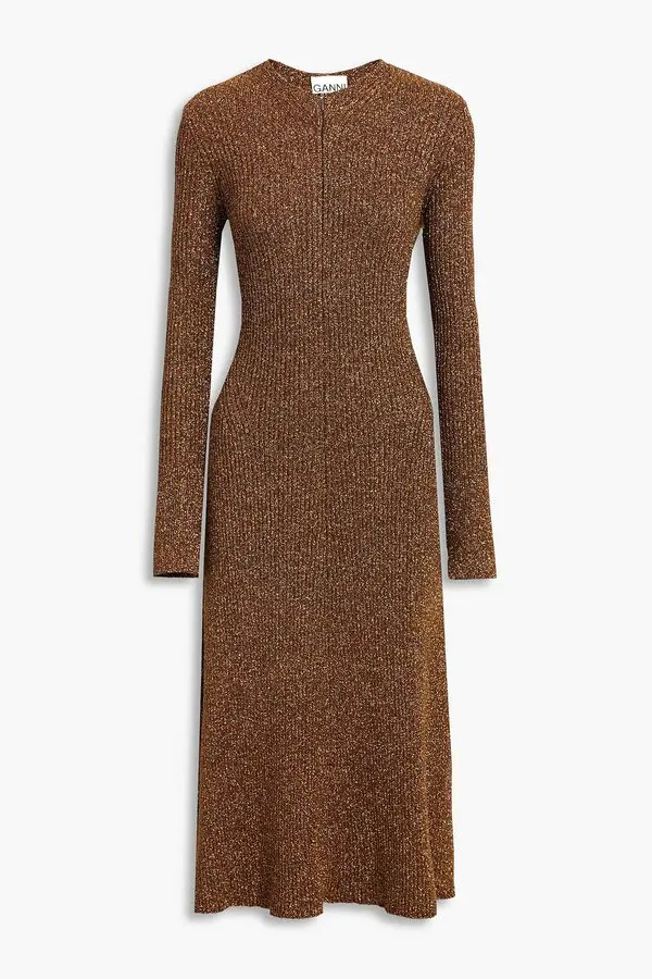 GANNI Metallic Ribbedknit Midi Dress
