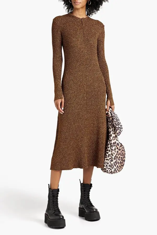 GANNI Metallic Ribbedknit Midi Dress