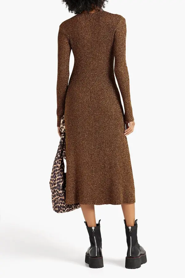 GANNI Metallic Ribbedknit Midi Dress