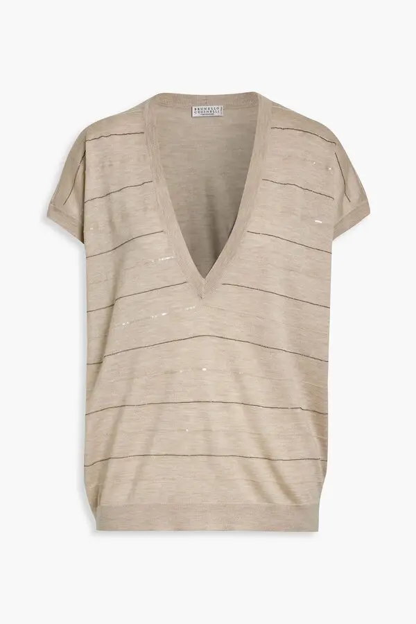 Brunello Cucinelli Wool And Silk-blend Top With Bead Embellishment