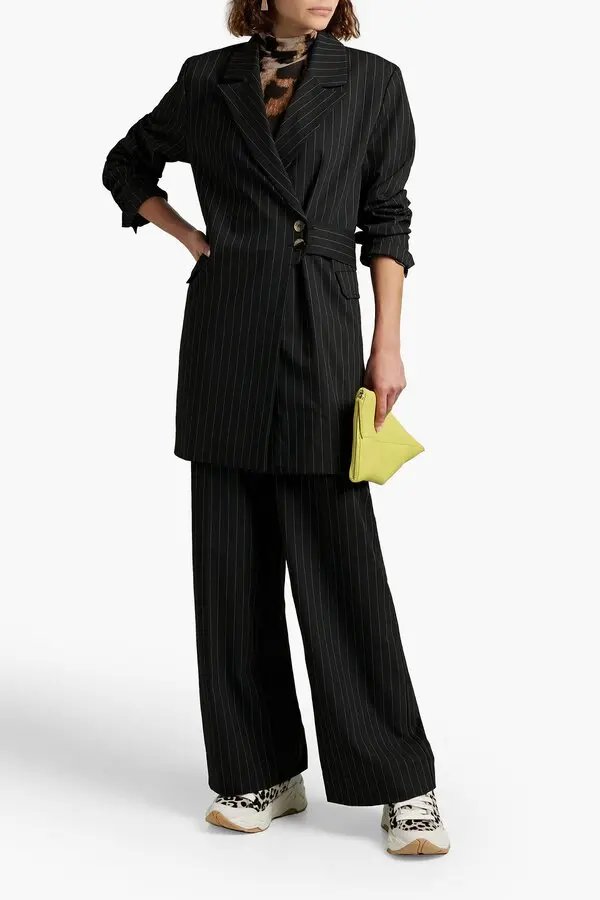 GANNI Double-breasted Pinstriped Twill Coat