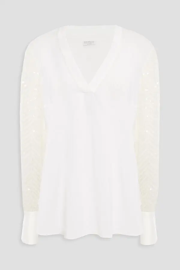 Brunello Cucinelli Embellished Chiffon And Silkblend Crepe De Chine Blouse - White