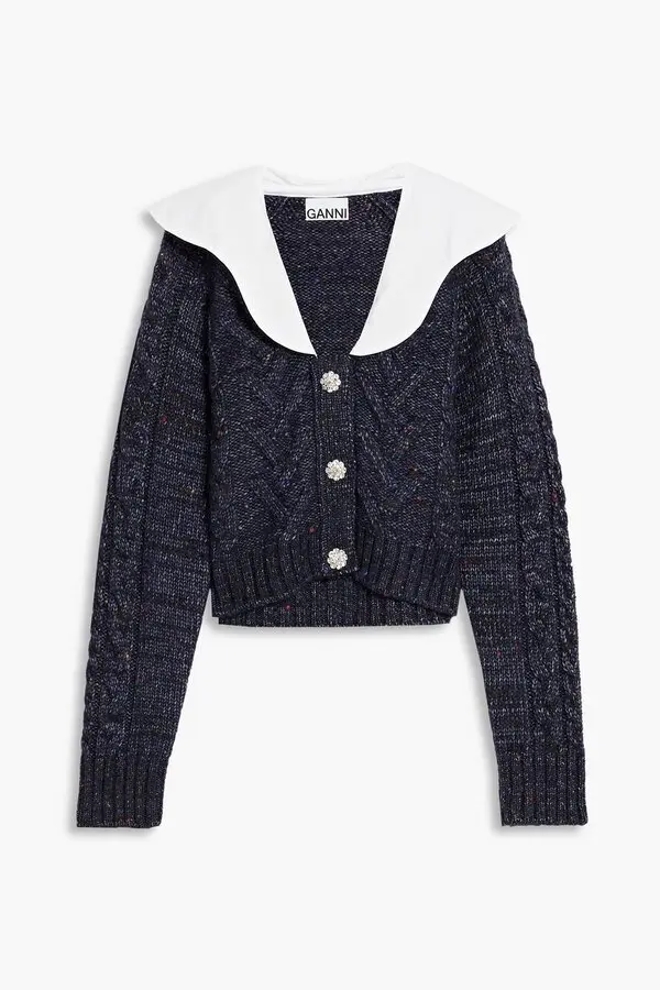 GANNI Donegal Cable-knit Cardigan With Crystal Buttons And Poplin Trim - Storm Blue