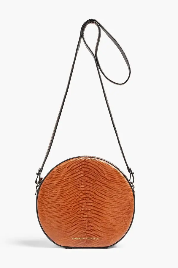 Brunello Cucinelli Beadembellished Snakeeffect Leather Shoulder Bag - Tan