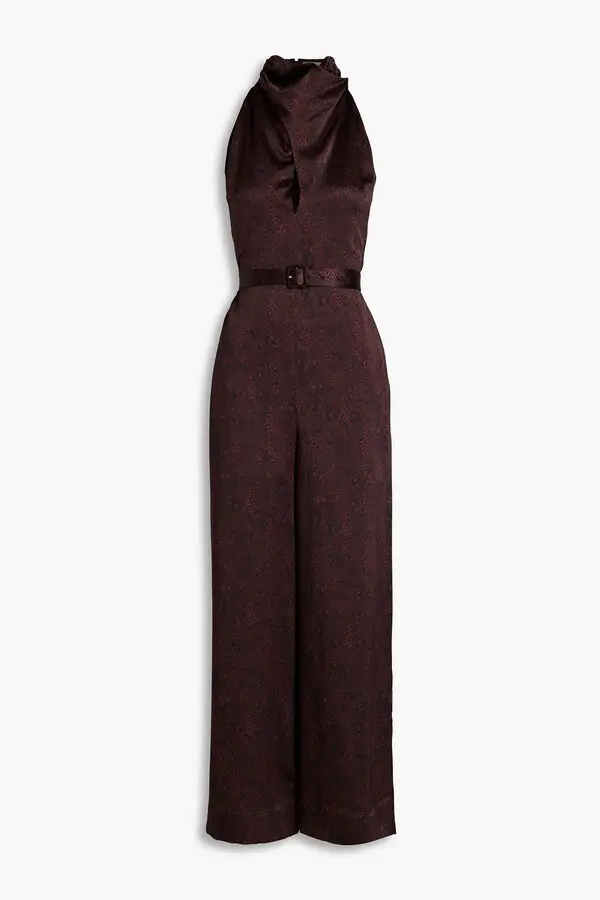 NICHOLAS Belted Cutout Snake-print Jumpsuit - Burgundy