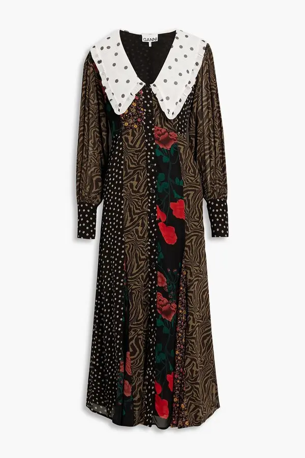 GANNI Patchworkeffect Printed Chiffon Midi Dress - Multicolor