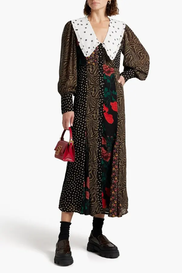 GANNI Patchworkeffect Printed Chiffon Midi Dress