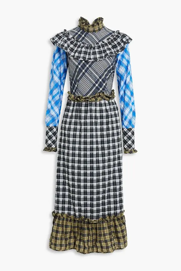 GANNI Ruffled Checked Cottonblend Seersucker Midi Dress - Black