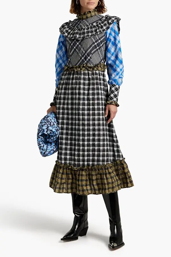 GANNI Ruffled Checked Cottonblend Seersucker Midi Dress