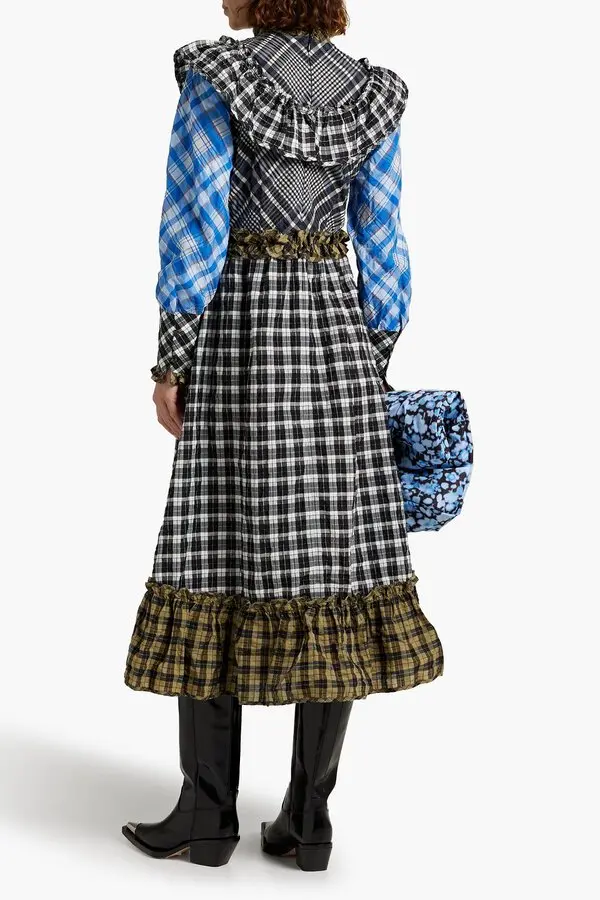 GANNI Ruffled Checked Cottonblend Seersucker Midi Dress