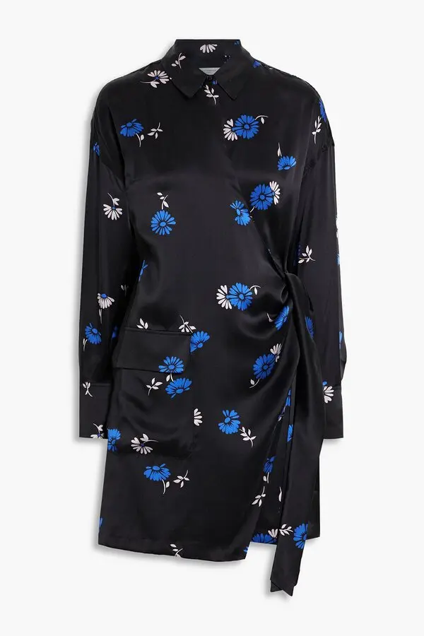 Equipment Floral-print Silk-satin Mini Wrap Dress - Black