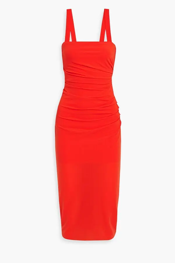 Helmut Lang Ruched Stretch-crepe Midi Dress - Papaya