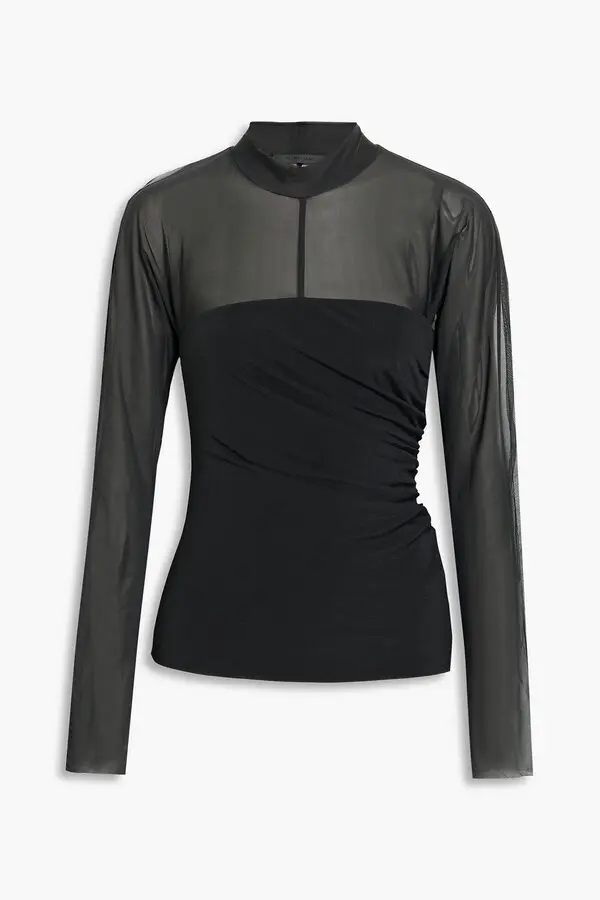 Helmut Lang Ruched Mesh-paneled Stretch-jersey Top