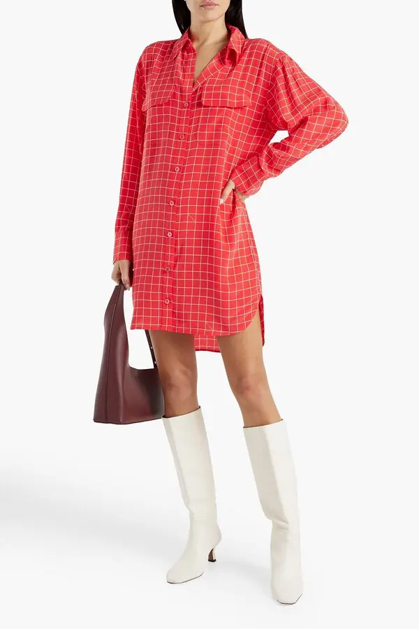 Equipment Ellene Checked Silk Crepe Mini Shirt Dress