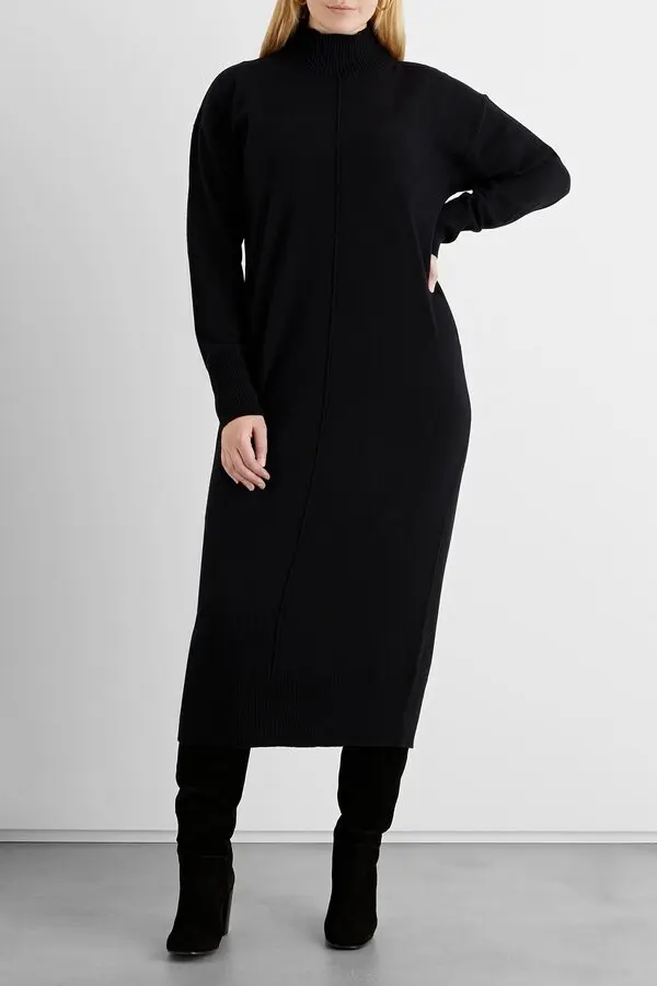 Iris & Ink Scarlett Wool Turtleneck Midi Dress - Black
