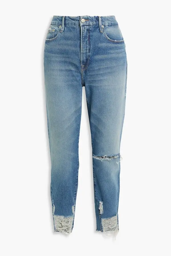 Good American Good Curve Distressed High Rise Straight Leg Jeans - Mid Denim