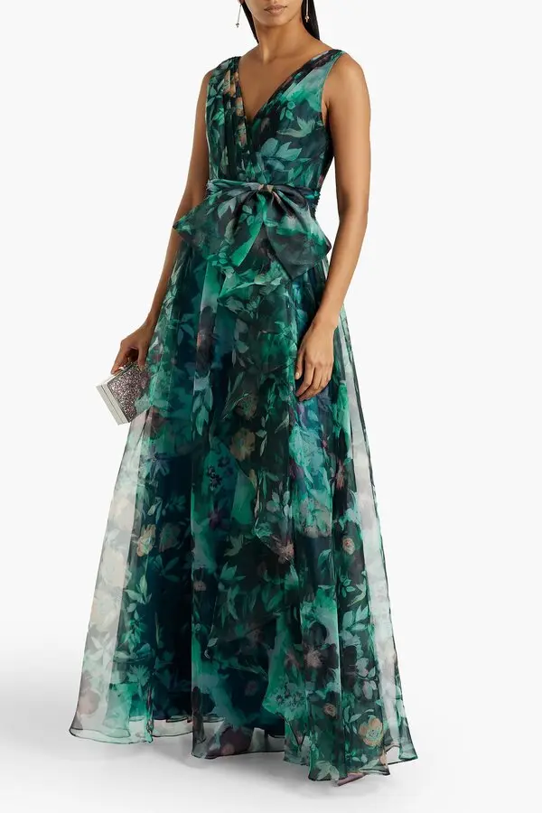 Badgley Mischka Wrapeffect Floralprint Organza Gown In Dark Green - 53% Off  | Editorialist