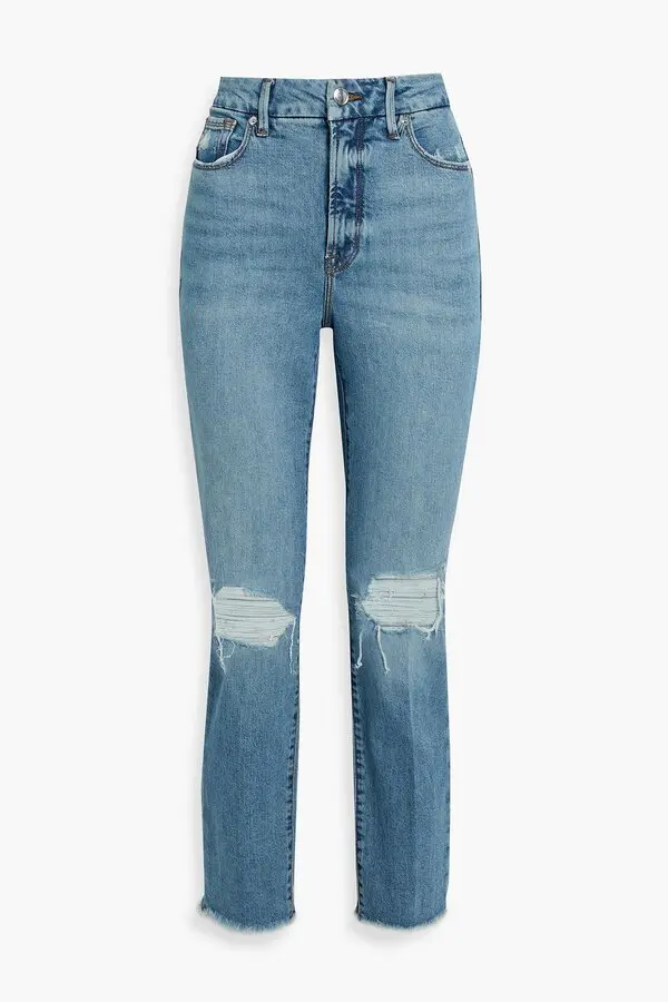 Good American Good Classic Distressed Highrise Slimleg Jeans - Mid Denim
