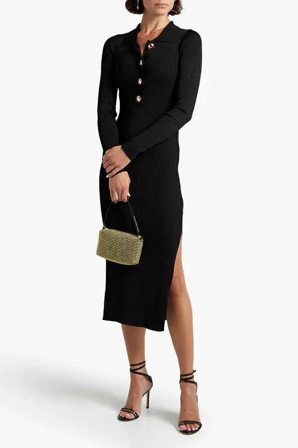 Good American Ribbed Knit Midi Dress With Button Detail