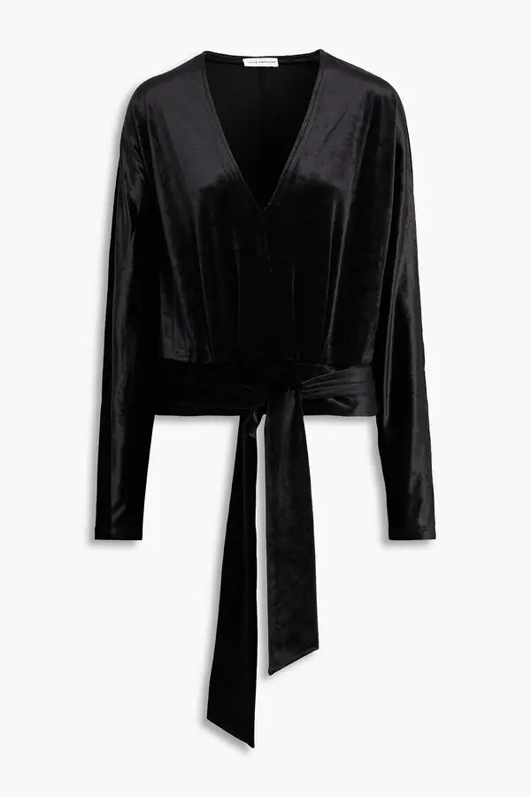 Good American Pleated Belted Stretchvelvet Top