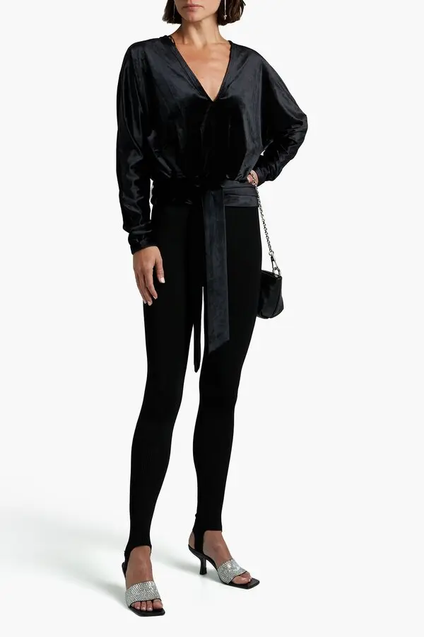 Good American Pleated Belted Stretchvelvet Top