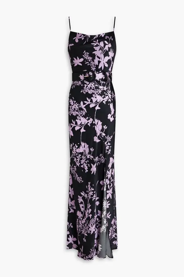 NICHOLAS Belted Floralprint Silksatin Maxi Dress - Midnight Blue