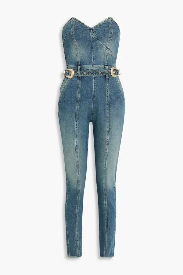 Retrofete Dree Strapless Belted Denim Jumpsuit - Mid Denim