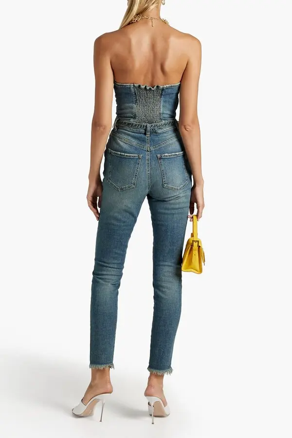 Retrofete Dree Strapless Belted Denim Jumpsuit