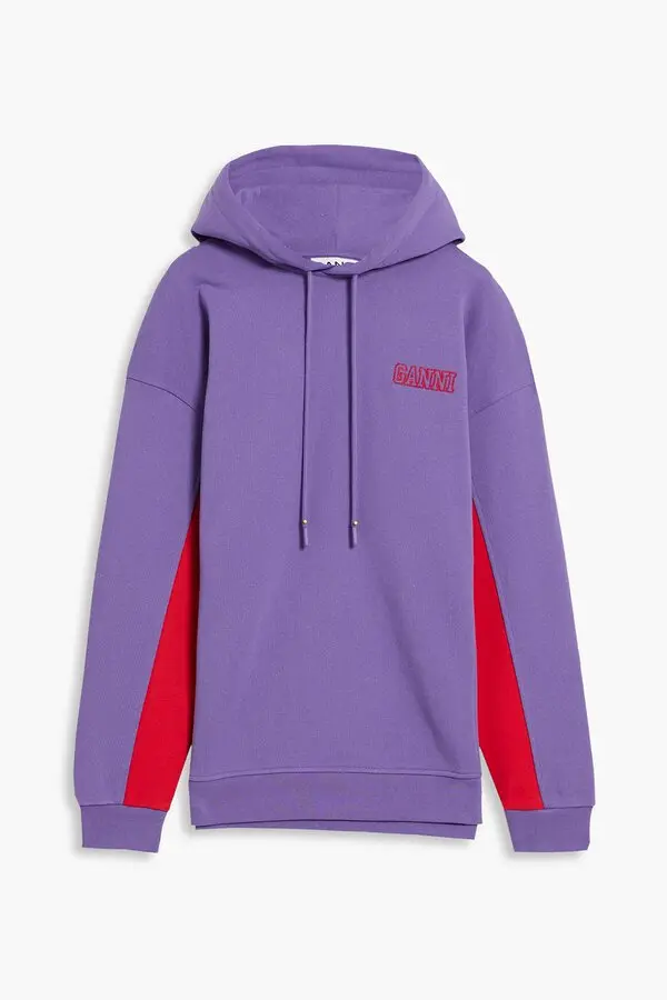 GANNI Embroidered Two-tone Cotton-blend Fleece Hoodie - Purple