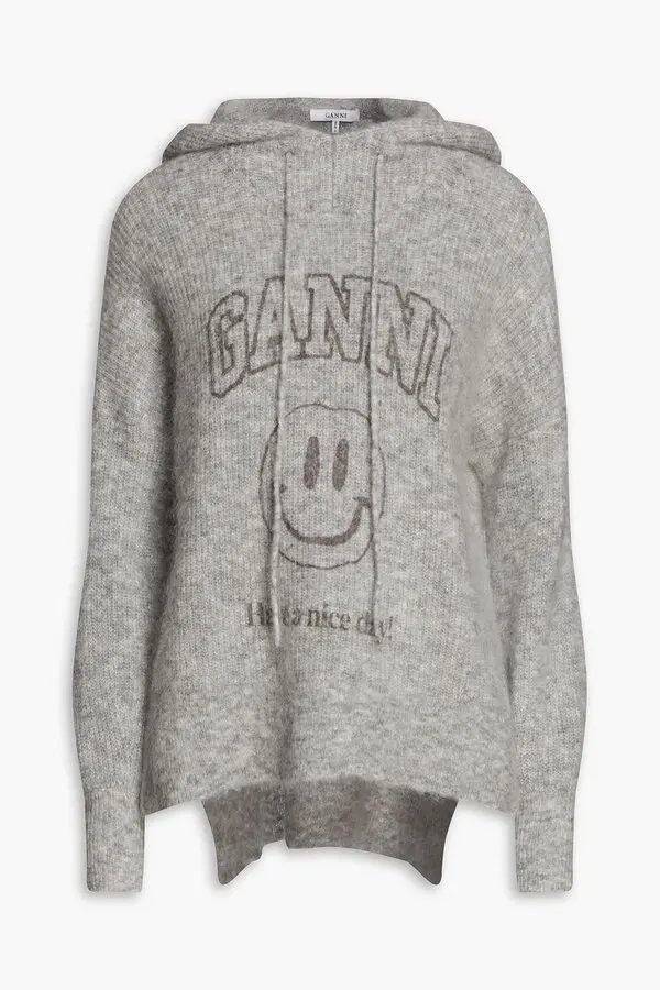 GANNI Mélange Printed Knitted Hoodie - Gray