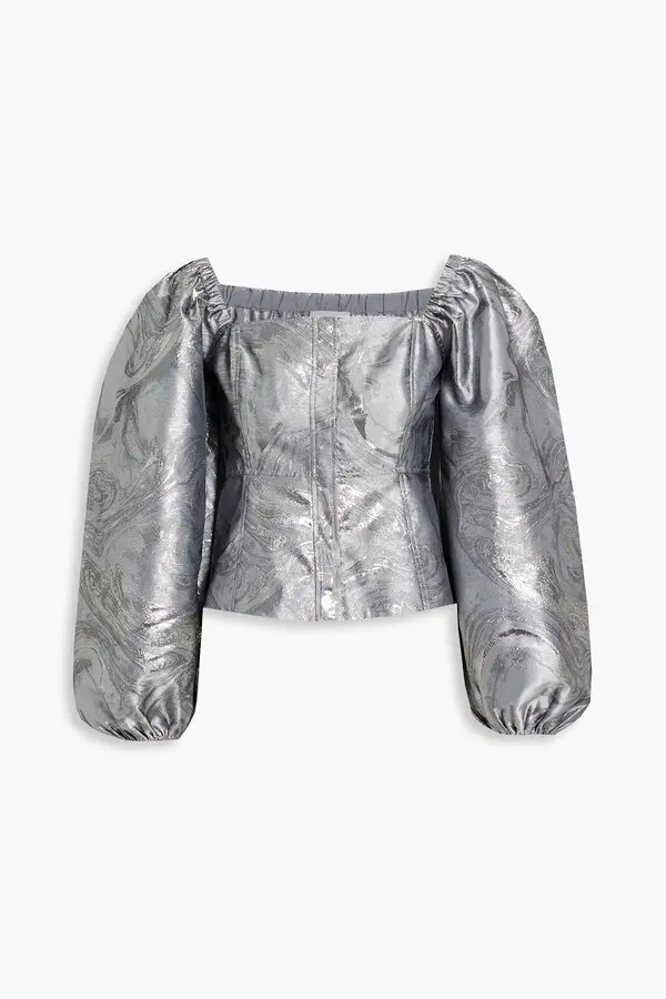 GANNI Gathered Metallic Brocade Peplum Top