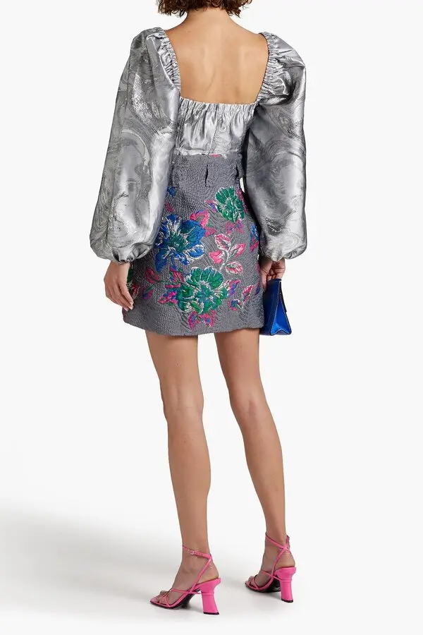 GANNI Gathered Metallic Brocade Peplum Top