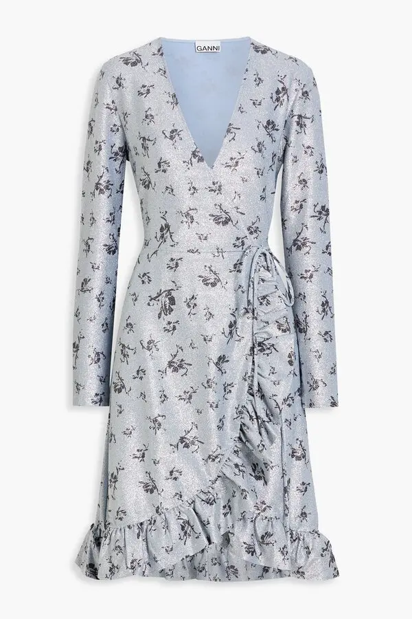 GANNI Printed Ruffled Tinsel Wrap Mini Dress