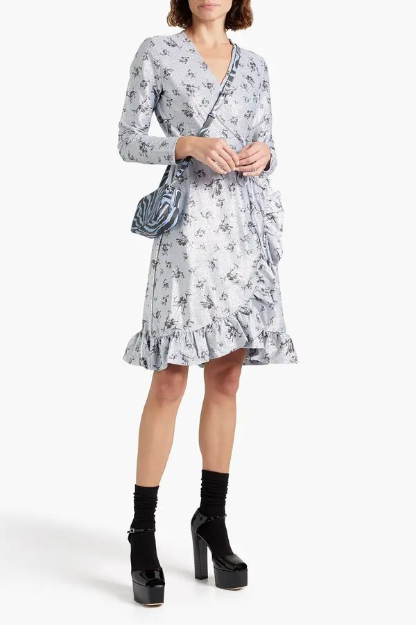 GANNI Printed Ruffled Tinsel Wrap Mini Dress