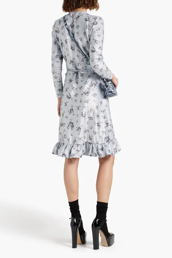 GANNI Printed Ruffled Tinsel Wrap Mini Dress