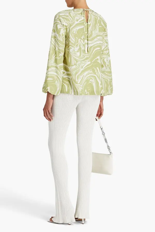 Simkhai Tia Gathered Printed Crepe Blouse - Light Green
