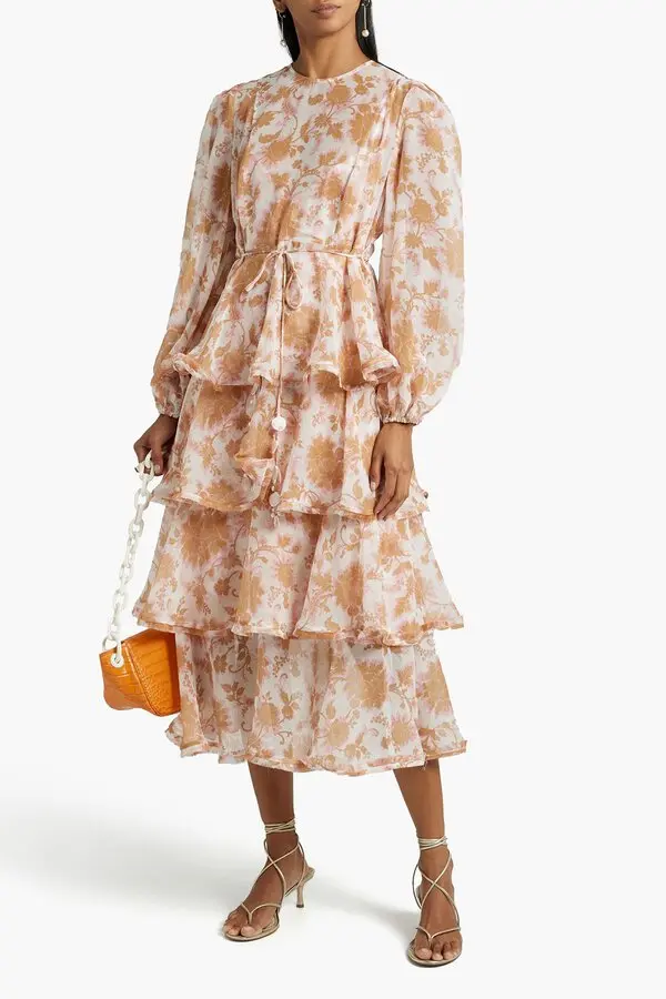 Zimmermann Postcard Tiered Floral- Print Cotton And Silk-Blend Voile Midi Dress  Brown In Light Brown - 40% Off | Editorialist