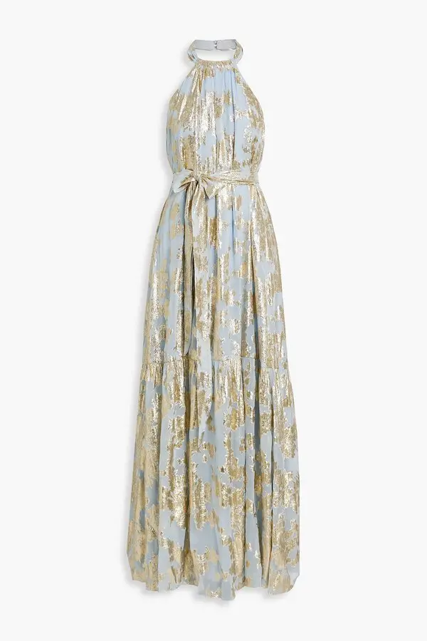 Monique Lhuillier Metallic Fil Coupé Silkblend Chiffon Halterneck Gown - Sky Blue