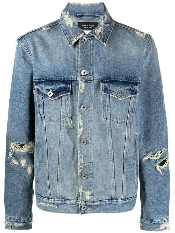 PURPLE BRAND Distressed Denim Trucker Jacket - Blue