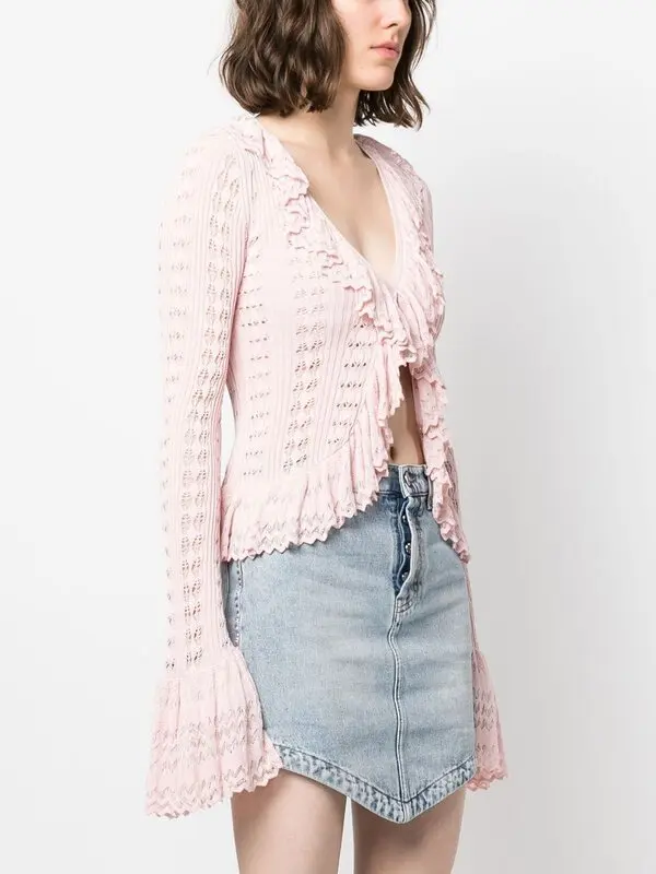 Blumarine Ruffle-Trim Open Knit Cardigan In Pink - 55% Off
