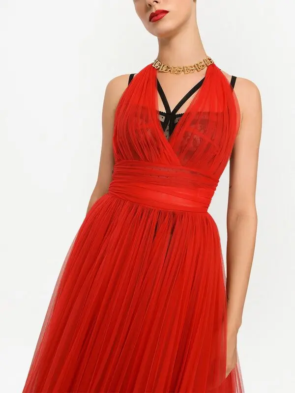 knee length dresses for ladies Embellished Pink & Red Tulle Midi Dress