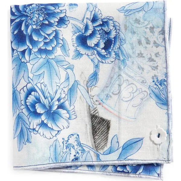 CLIFTON WILSON Print Linen Pocket Square - Blue